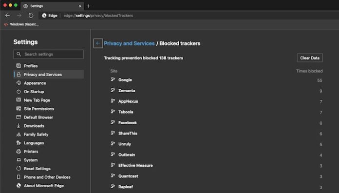 View and Delete Blocked Trackers in Microsoft Edge Browser